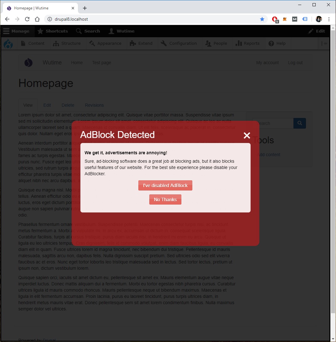 Drupal 8.x AdBlock Detection – Wutime.com Drupal 8.x AdBlock Detection – Wutime.com